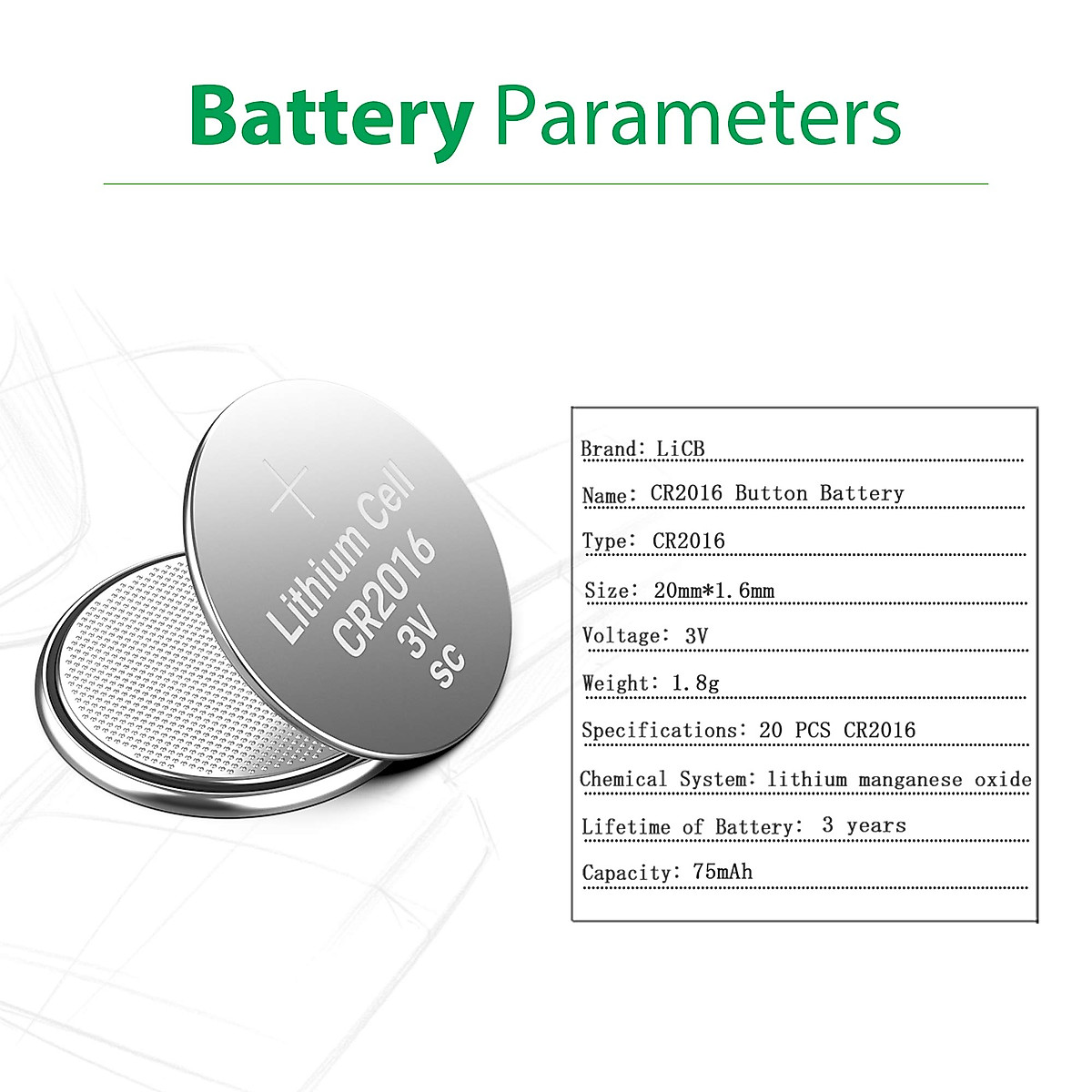 LiCB CR 2016 Battery,CR2016 Lithium Batteries,3 Volt Coin & Button Cell (20 Pack)