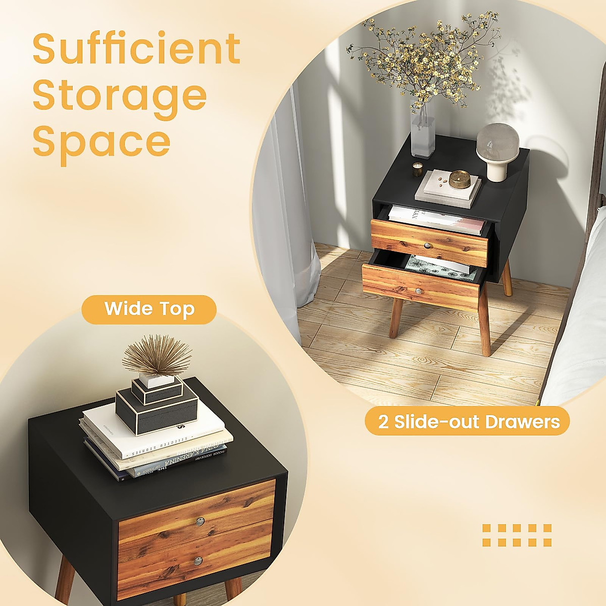 Giantex Nightstand with 2 Drawers Set of 2, Mid Century Modern Bedside Table with Solid Wood Legs, Practical End Side Table for Living Room Bedroom Small Space, Night Stand, Black & Walnut