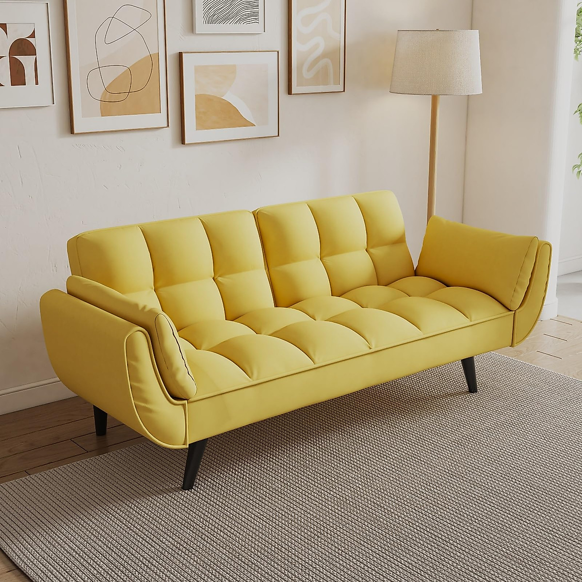 Majnesvon Velvet Futon Sofa Couch Bed with 2 Pillows, Convertible Folding Futon Couch with Adjustable Backrest, Love Seat Sleeper Sofa Bed for Small Spaces, Living Room, Office, Apartment (Yellow)
