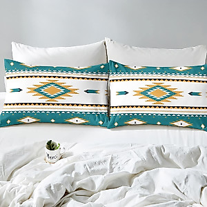 Erosebridal Boho Lattice Duvet Cover Queen, Aztec Bedding Set, Bohemian Navajo Ethnic Retro Yellow Striped Exotic Western Tribal Comforter Cover Teal Medallion Egyptian Bedroom Decor Quilt Cover