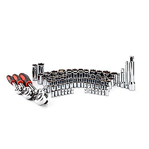 CARTMAN 205 Piece Tool Set Ratchet Wrench with Sockets Kit in Plastic Toolbox Red
