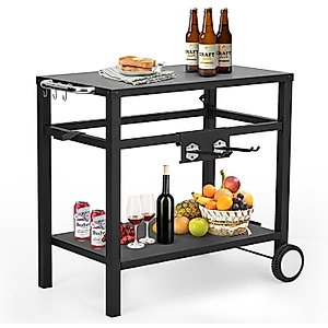 Bar Cart, Outdoor Grill Cart, Pizza Oven Stand, BBQ Prep Table with Wheels & Hooks, Side Handle, Double-Shelf Grilling Cart, Tabletop Griddle Cooking Station for Bar, Patio, Kitchen (Black)