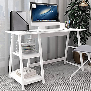 Natwind 51" White Desk with 2-Tier Storage Shelves,Home Office Computer Desk, Study Table for Kids Student Girls,Writing Desk,Modern Simple Basic Desk Workstation for Bedroom Home Office