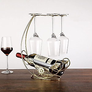 Homya Tabletop Wine Rack, Metal Fine Forged Wine Glass Holder, Kitchen Bar Wine Glass Display Holder, Holds 1 Wine Bottle and 4 Wine Glasses, Table Wine Bottle Accessories, Gold