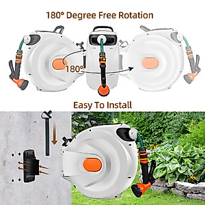 VANEPIC Retractable Garden Hose Reel 65 FT x 1/2 Inch Any Length Lock Hose Reel, Automatic Slow Rewind System, Wall Mounted and 180 Deg Swivel Bracket for Garden Watering and Car Washing