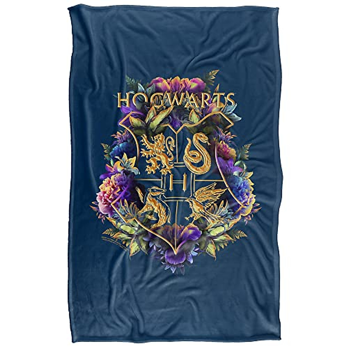 Harry Potter Hogwarts Multi-Colored Floral Crest Silky Touch Super Soft Throw Blanket 36" x 58",Hogwarts Multi-Colored Floral Crest, Blue