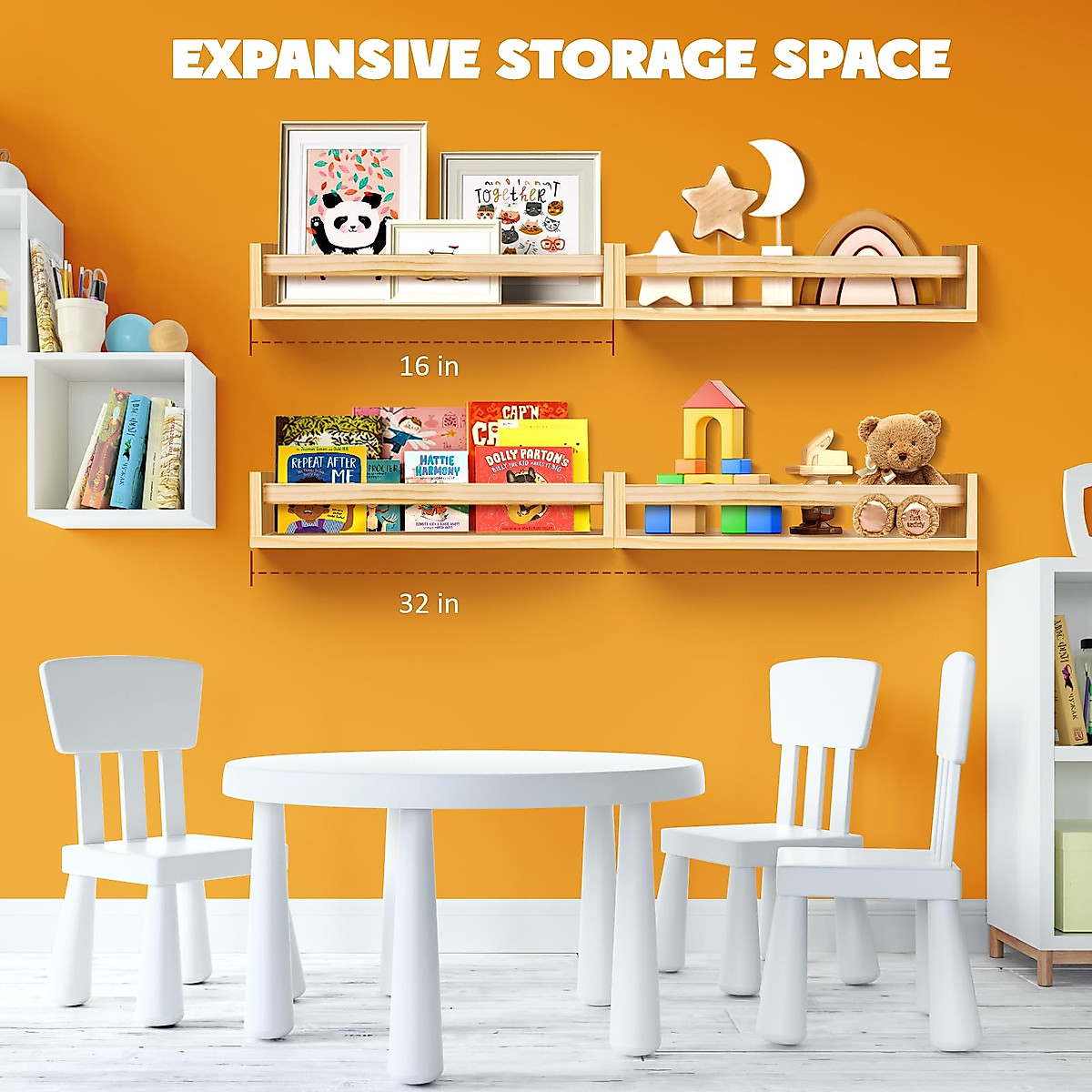 Woodever Nursery Book Shelves Set of 4, 16 Inches Kids Bookshelf, Book Shelf for Kids Room, Floating Shelves for Wall Nursery, Book Storage for Kids, for Bedroom and Palyroom Decor.