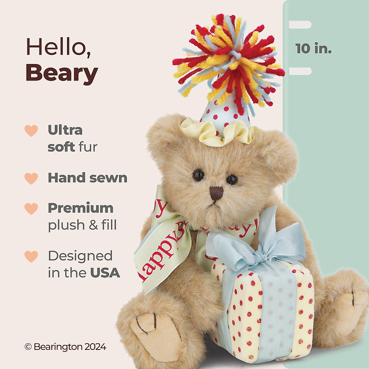 Bearington Happy Birthday Plush Suffed Animal Teddy Bear, 10"