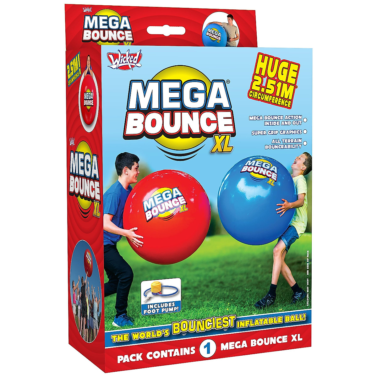 Wicked Mega Bounce XL - The World's Bounciest Inflatable Ball! Extra Large Bounce Ball for All Terrain Bounceability! Super Grip Graphics Outdoor Exercise Ball to Catch Easily. Blue or Red