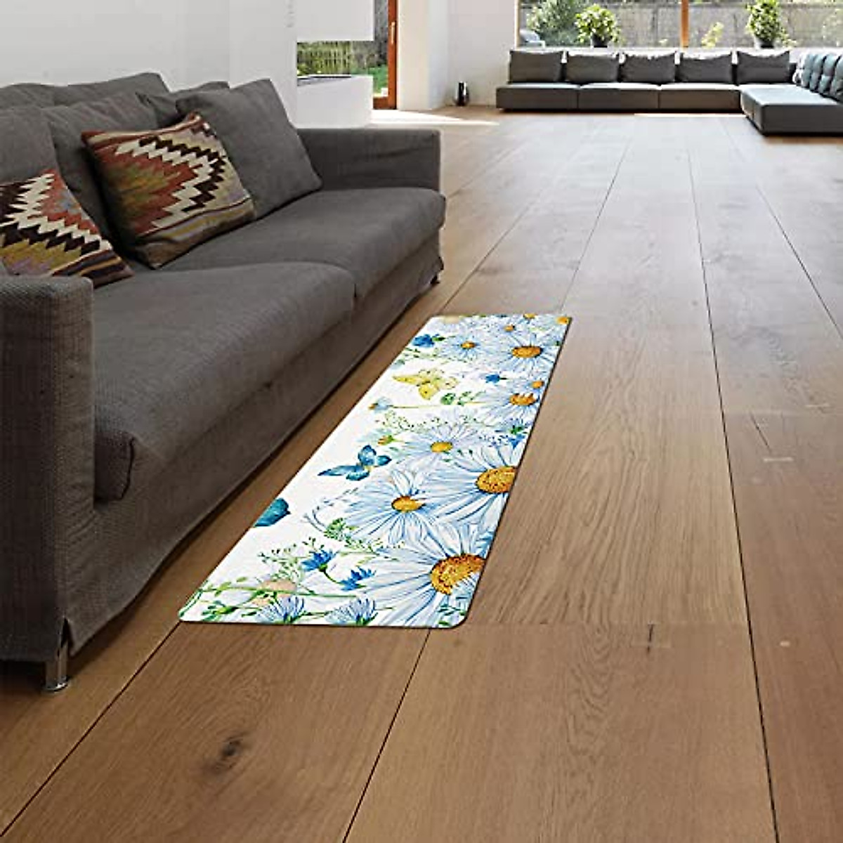 2 Pieces Kitchen Rugs Set Pastoral Butterfly Dragonfly Daisy Flower,Water Absorbent Soft Doormat Anti Fatigue Mat Blue Gradient Art,Non-Slip Rug Cushion Standing Mats for Bathroom Bedroom Entryway