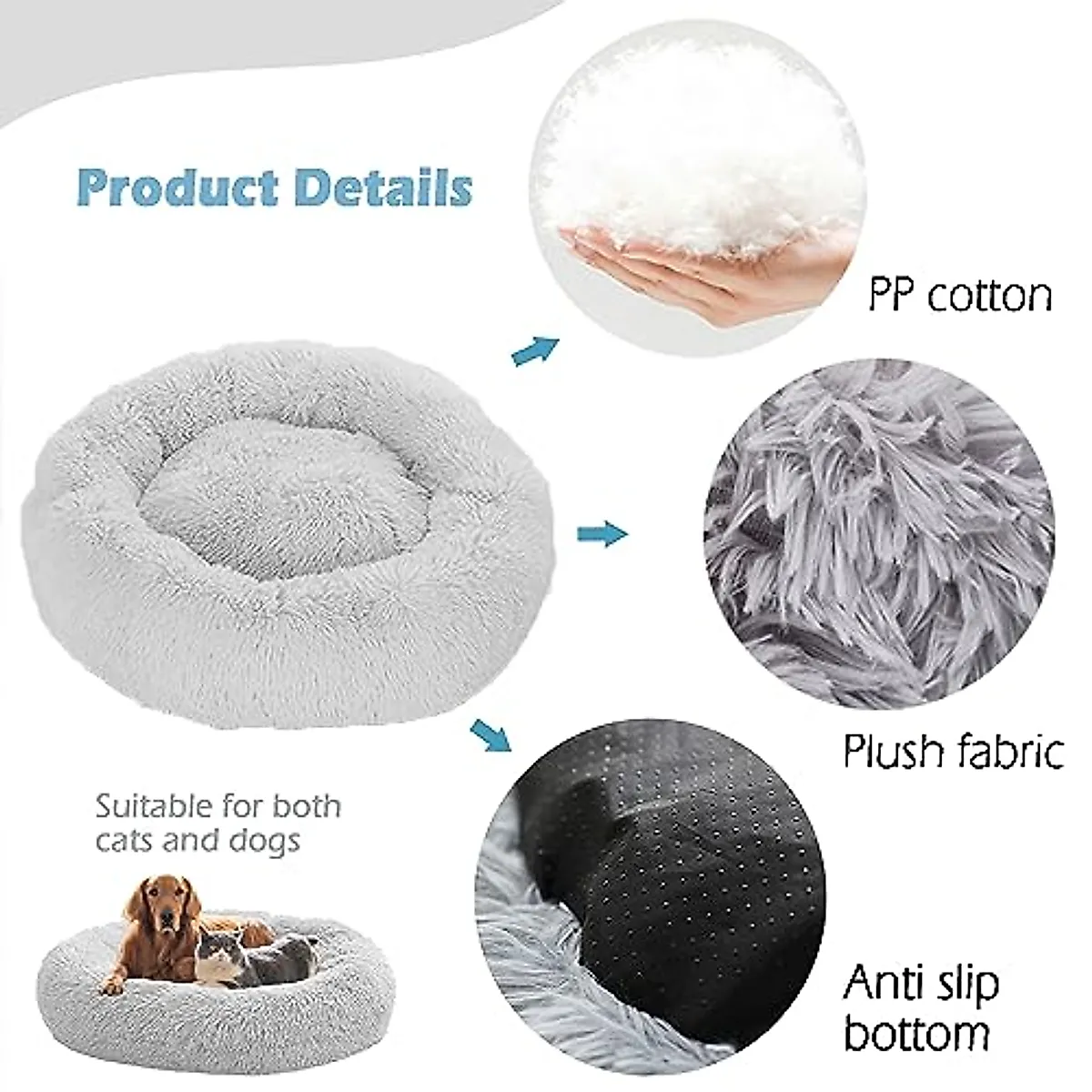 XIEMINLE Donut Cat Bed Anti Anxiety Dog Bed, Fluffy Calming Pet Bed Round Plush Pet Bed for Large Medium Small Dogs and Cats, Dog Sofa Bed with Non-Slip Bottom,80cm/31.5in,Purple
