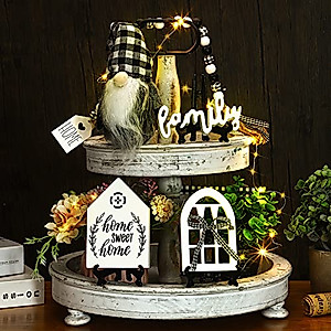 10 Pcs Farmhouse Tiered Tray Decor Farmhouse Kitchen Deocr Gnome Tiered Tray Decor Wood Home Decor with String Lights Mini Rustic Table Ornaments Decor Beaded Garland for Kitchen Shelf (Classic Style)