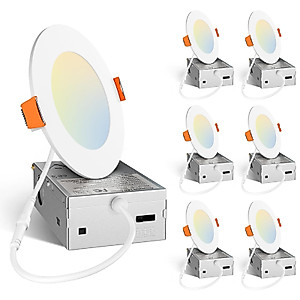 Amico 6 Pack 4 Inch 5CCT Ultra-Thin LED Recessed Ceiling Light with Junction Box, 2700K/3000K/3500K/4000K/5000K Selectable, 11W Eqv 70W 800LM Brightness Dimmable Canless Wafer Downlight, ETL & FCC