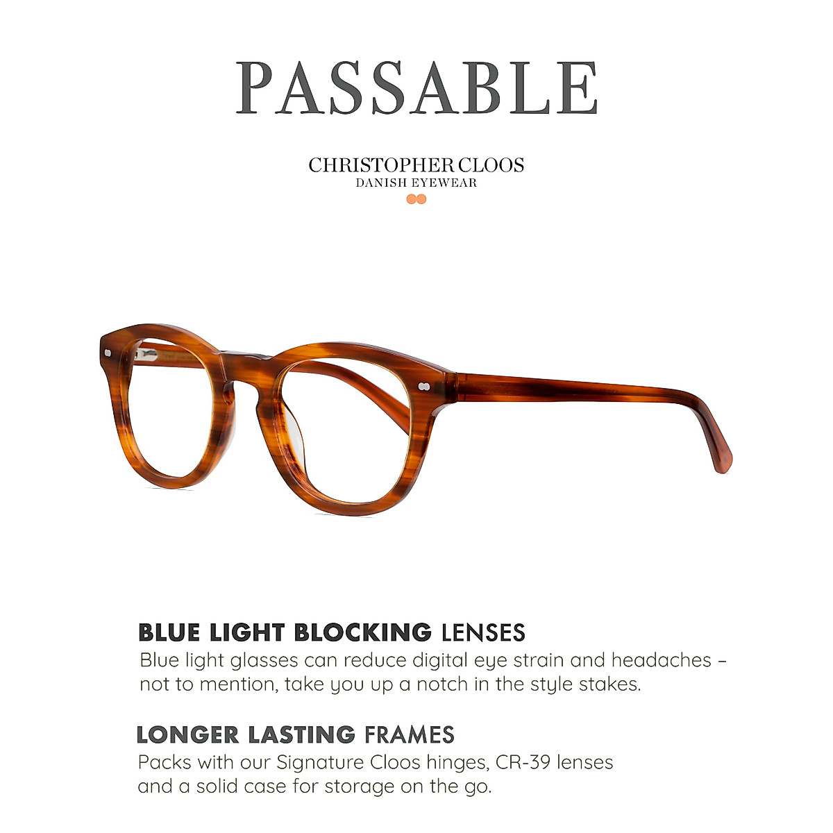 Christopher Cloos - Passable Bourbon - Danish Design Blue Light Glasses for Men & Women - Fashion designer glasses - Computer Glasses - Unisex - Non Prescription - Prescription Ready
