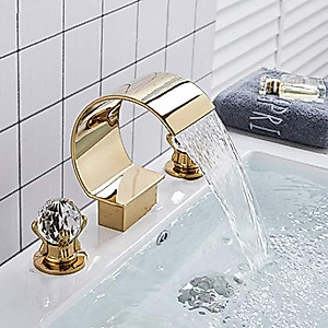 FUZ Polished Gold Bathroom Faucet 3 Hole Dual Crystal Knobs Widespread 3 Holes Vanity Basin Mixer Tap Bathtub Filler Faucet Waterfall Faucet for Bathroom Sink…