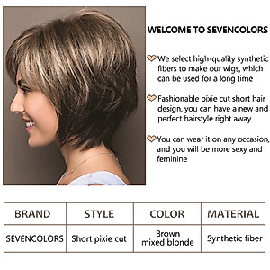 SEVENCOLORS Short Hair Wigs with Bangs Dark Brown Mixed Blonde Pixie Cut Wig for Women Straight Synthetic Fiber Wigs