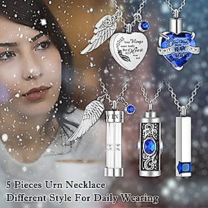 SOITIS 5 Pieces Urn Necklace for Ashes Bar Zircon Crystal Cremation Necklace for Ashes Heart Keepsake Cremation Jewelry Hourglass Ash Necklace for Human Ashes - Dark Blue
