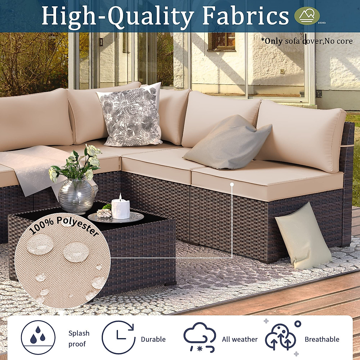 RTDTD Outdoor Patio Cushion Cover Replacement, Outdoor Cushion Slipcovers for Outdoor Furniture Patio Sofa Couch Outside Zipper Design w/5 Seat Cushion Covers and 6 Backrest Pillow Covers(Brown)