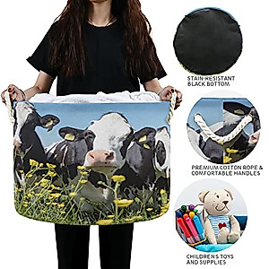 Kigai Black White Cows Round Storage Basket, Toy Basket Bin with Cotton Rope Handle, Laundry Basket Hamper, Clothes Organizer 20 x 14 In