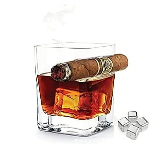 KNC Cigar Whiskey Glass - Old Fashioned Whiskey Glasses - Tumbler With Side Mounted Holder Cigar Rest-Best Accessories & Gifts for Drinking Bourbon and Scotch