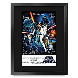 HWC Trading Framed 11" x 14" Print - Star Wars a New Hope Movie Poster Cast Signed Gift Mounted Printed Autograph Film Mark Hamill Harrison Ford Carrie Fisher Alec Guinness George Lucas Gifts Photo Picture Display