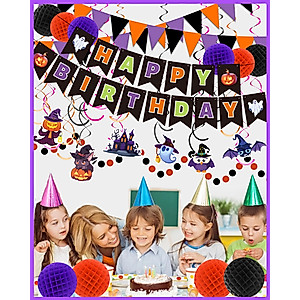 Happy Birthday Banner Halloween Birthday Party Decorations, Paper Pom Poms Triangle Flag Halloween Sign Hanging Garland Swirls Halloween Streamers for Birthday Party Supplies
