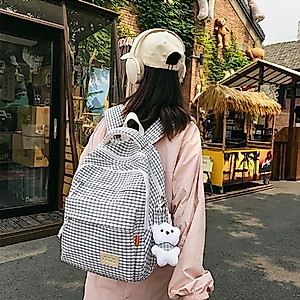 Kawaii Backpack with Cute Accessories Large Capacity Checkered Plaid Rucksack for Women Trendy Aesthetic Casual Daypack (Black)