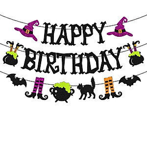 Halloween Birthday Banner Halloween Witch Party Banner Halloween Ghost Bat Cat Theme Party Garland Kids Girl Women Happy Birthday Decorations