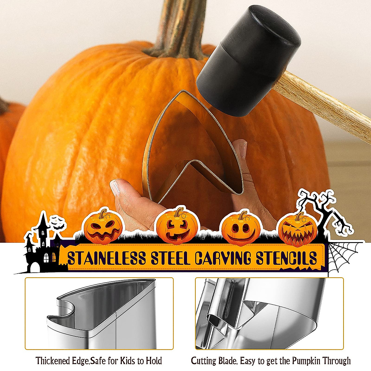 Bifrost Halloween Pumpkin Carving Kit - 24 Pcs Stainless Steel Pumpkin Carving Knife Sets with Stencils & Storage Bucket for Halloween