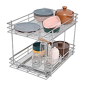 TQVAI 2 Tier Pull Out Cabinet Organizer, Sliding Out Under Sink Cookware Organizer, Wire Shelf Storage Basket for Kitchen Bathroom - 14" W x 21" D x 16-3/8"H, Request at Least 15 Inch Cabinet Opening