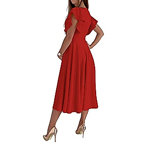 LYANER Women's Deep V Neck Ruffle Short Sleeve Wrap Swing A Line Flared Cocktail Party Midi Dress Red Large