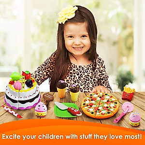 FUNERICA Play Food Goodies Set with Storage Box - Features Cutting Pizza, Ice Cream, Toy Birthday Cake, Fries, Dessert – Pretend Kitchen Toys for Toddlers, Boys, Girls