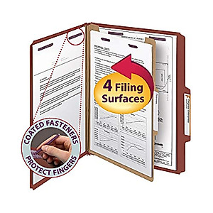 Smead Pressboard Classification File Folder with SafeSHIELD Fasteners, 1 Divider, 2" Expansion, Letter Size, Red, 10 per Box (13775)