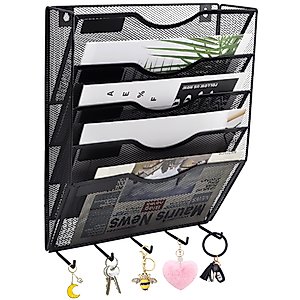 EASEPRES 5 Pocket Mesh Hanging File Organizer with Key Holder Hooks & Nametag Label, Wall Mounted Mail Paper Document Folder Clipboard Storage Organization Magazine Rack for Office Cubicle, Black