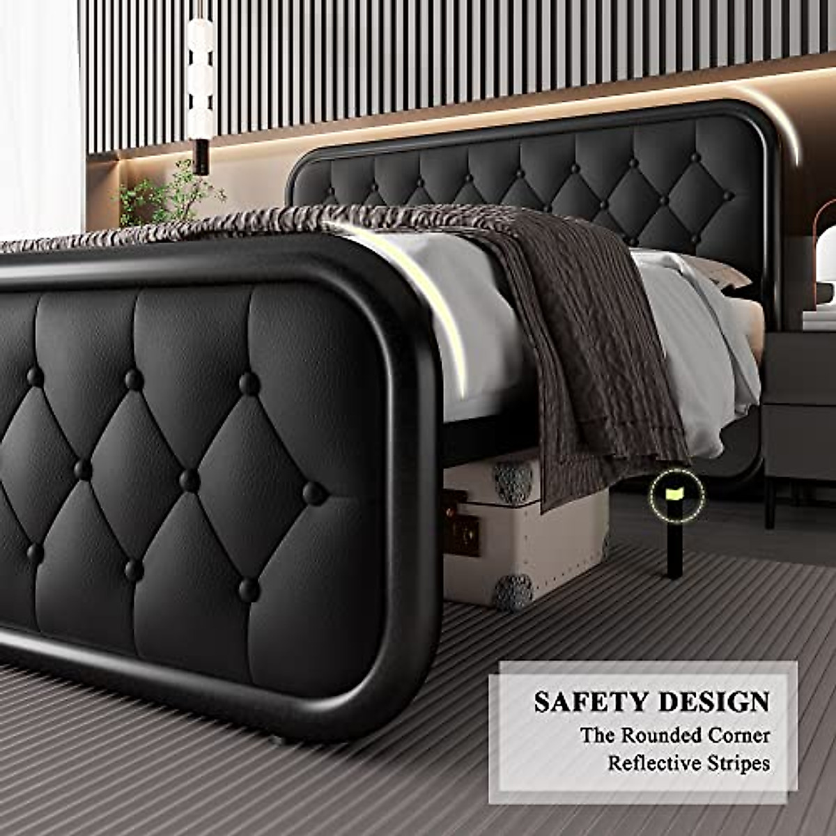 Feonase Full Size Curved Metal Platform Bed Frame with Faux Leather Headboard, Heavy Duty Bed Frame with Rhombus Button Tufted Footboard, 1000 lbs Weight Capacity, Noise-Free, Easy Assembly, Black