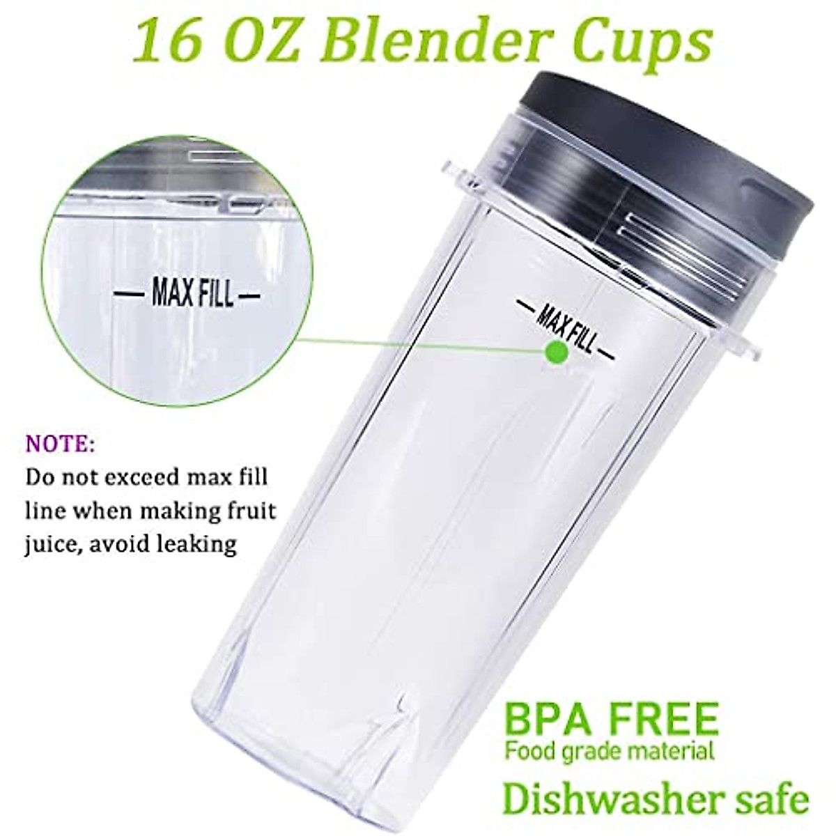 16oz Blender Cup Set for Ninja Replacement Parts Single Serve Blender Cup With Lids Set For BL770 BL780 BL660 BL740 BL810 Nutri Ninja Series Blenders (2-pack)