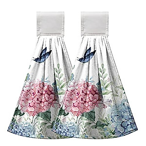 Kwlegh Pink Flowers Dish Towels with Hanging Loop Butterfly Kitchen Towels Set of 2 Summer Hydrangea Bathroom Hand Towels Soft Absorbent Tie Towels for Bathroom Kitchen 12x17 Inch