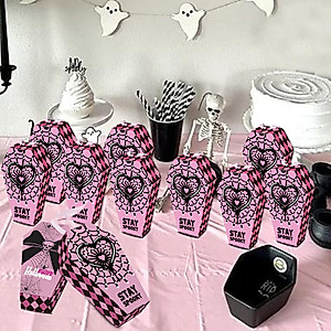 HOMEZZO 24 Pcs Pink Spider Web Coffin Boxes, Spooky Goth Black Conquette Halloween Coffin Paper Candy Treat Gift Boxes for Halloween Party Decorations