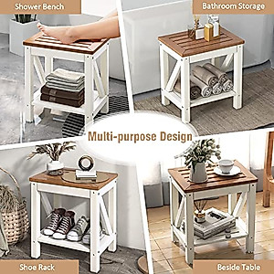 Giantex Shower Bench Waterproof HDPE - Shower Stool with Storage Shelf, Slatted Seat, Non-Slip Foot Pads, 2-Tier Plastic Spa Bath Step Shower Seat Footrest for Bathroom Indoor Outdoor (White & Brown)