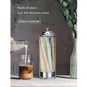 BIGINIWA Straw Holder Dispenser 100 PCS Straws includ - Clear Glass Drinking Straw Container with Lid for Counter