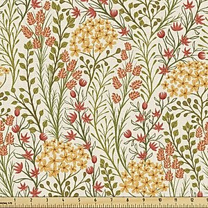 Ambesonne Flower Fabric by The Yard, Leaves Flowers Old Vintage Ivy Design with Plants Nature Theme Retro Artwork Print, Decorative Fabric for Upholstery and Home Accents, Multicolor
