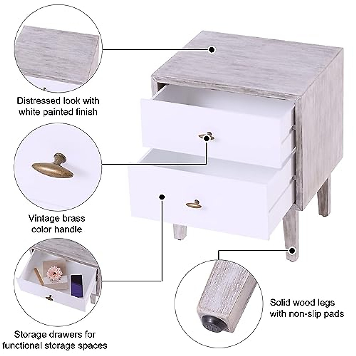 kinbor Modern Nightstand Set of 2, Side End Table Bedside Tables with 2 Storage Drawers and Solid Wood Legs, Night Stands for Bedroom Living Room, Gray/White
