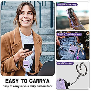 [5 in 1] Case for Airpods 3rd Gen with Lock, Carbon Fiber Secure Lock Clip PC+TPU Shockproof Protective Air Pods 3 Case Cover for Women for Airpods 3rd Generation with Fashion Candy Keychain (Purple)