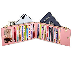 Womens RFID Blocking Pink Glitter Leather Multi Card Organizer Bifold Pink Wallet with Zipper Pocket,Rose Gold