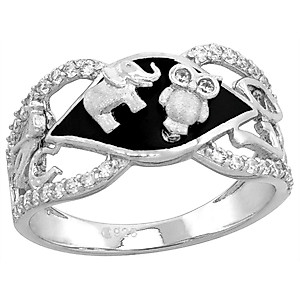Sterling Silver Micropave CZ Onyx Lucky Charms Ring Evil Eye Elephant Owl no. 7 Clover Rhodium Finish size 9