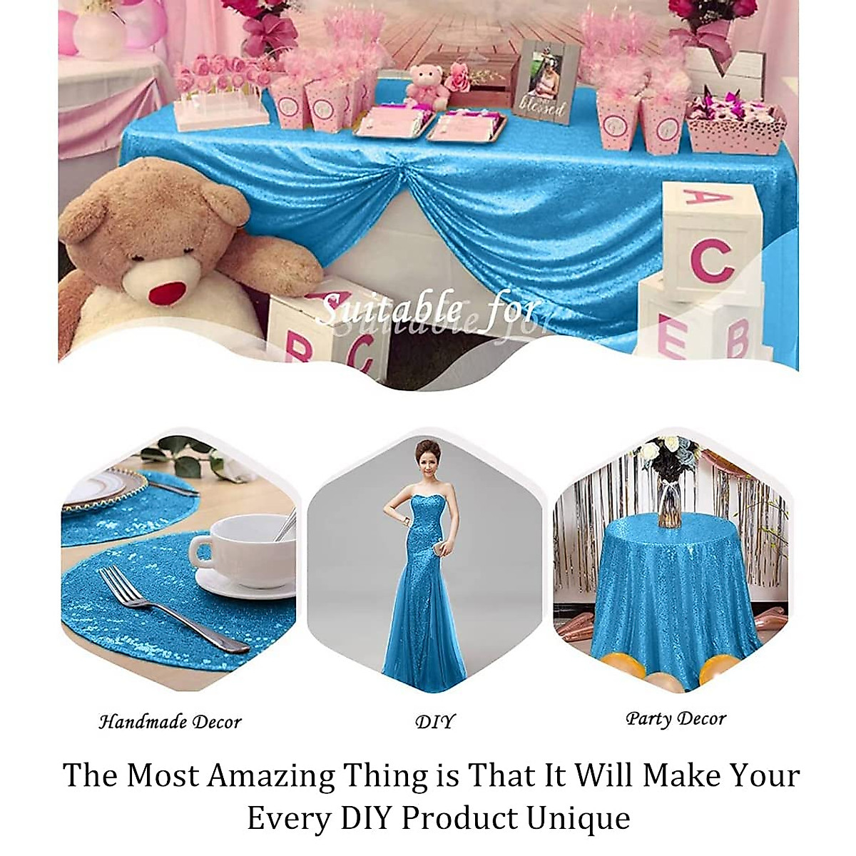 Pardecor Sequin Fabric by The Yard 1 Yard Sparkly Fabric Mesh Sequins Fabric for Sewing Dress and Making Wedding Party Tablecloth Table Runner Decorations (1 Yard, Turquoise)