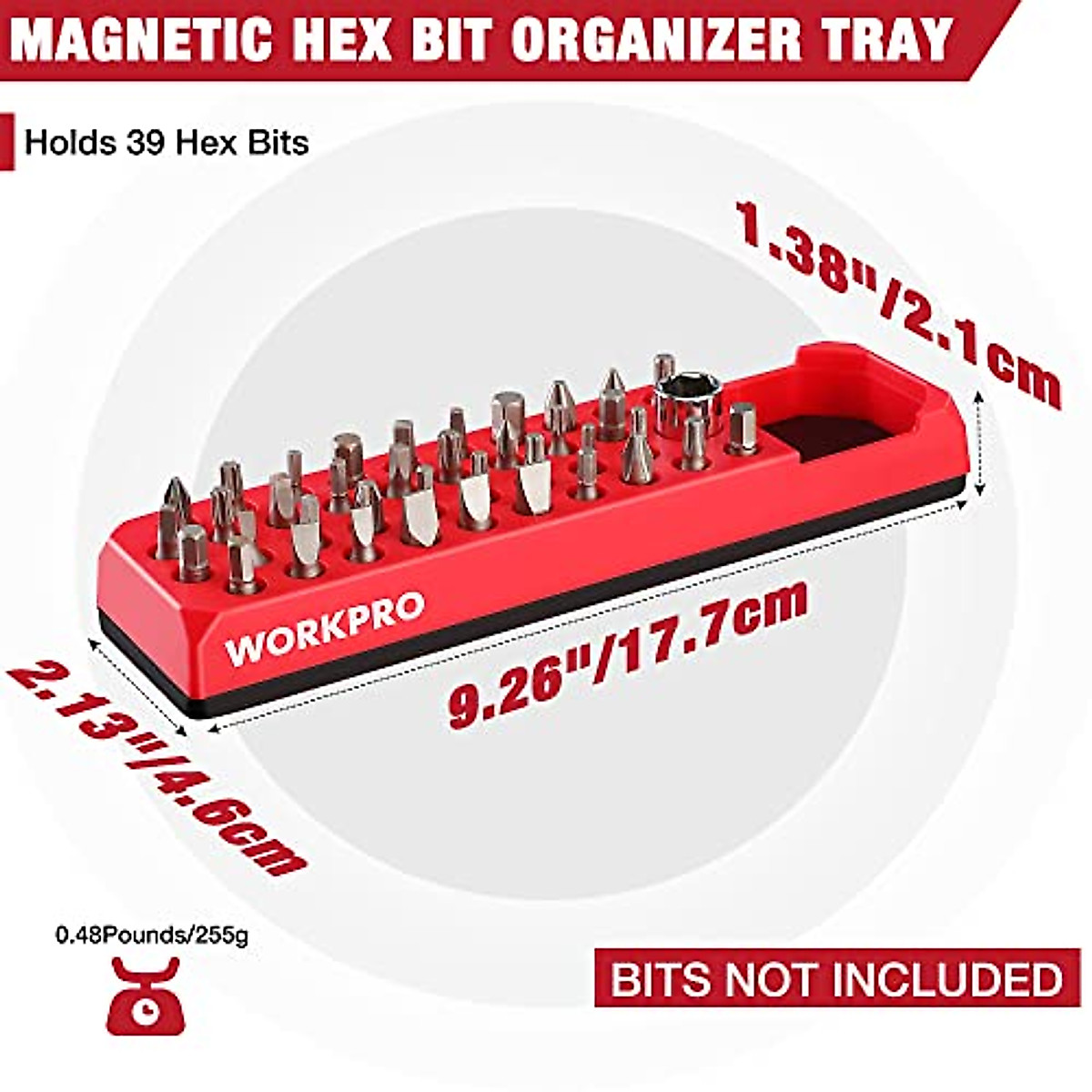 WORKPRO Magnetic Hex Bit Organizer, 39 Hole Screwdriver Drill Bit Holder Tray with Strong Magnetic Base, Accessories Storage Grid, for 1/4 Inch Hex Bit & Drive Bit Adapter, Red (Bits Not Included)