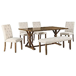 Goohome 6-Piece Farmhouse Kitchen Dining Set, Mid-Century Wood Rectangular Table, 4 Flannelette Upholstered Chairs and Bench Family Furniture, for Home, Apartment, Walnut
