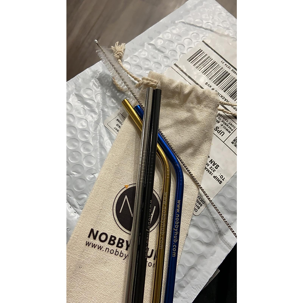 Reusable Stainless Steel Drinking Straws, Set of 4, 2 bent, 2 straight, all different colored, in Cloth Bag, and Free Cleaning brush, Help save the environment