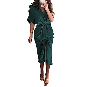BTFBM Women 2024 Button Down Ruched Shirt Dresses Short Sleeve Lapel V Neck Elegant Party Spring Summer Maxi Satin Dress(Short Sleeve Dark Green, Large)